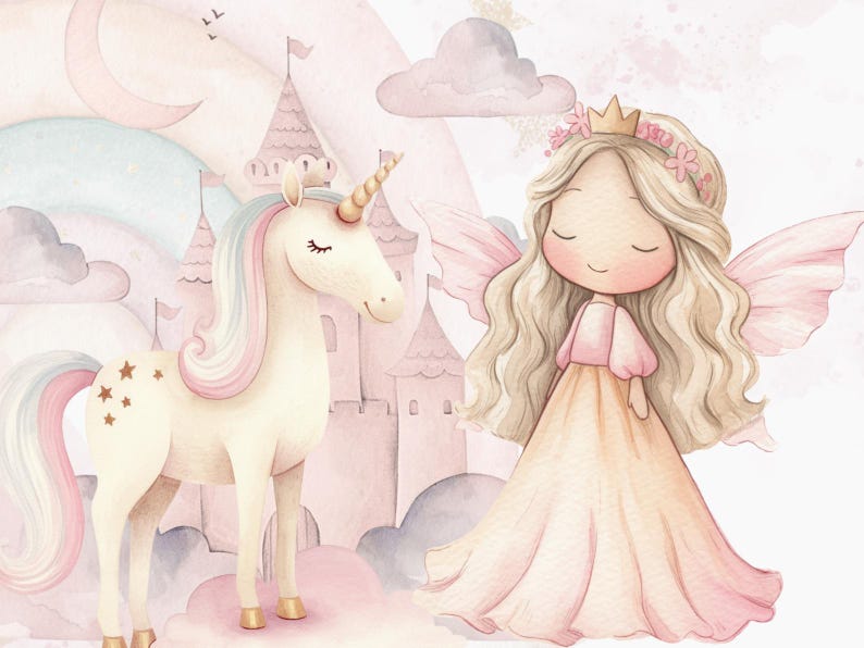 Unicorn and Princess Clipart, Watercolor Unicorn & Princess PNG Bundle ...