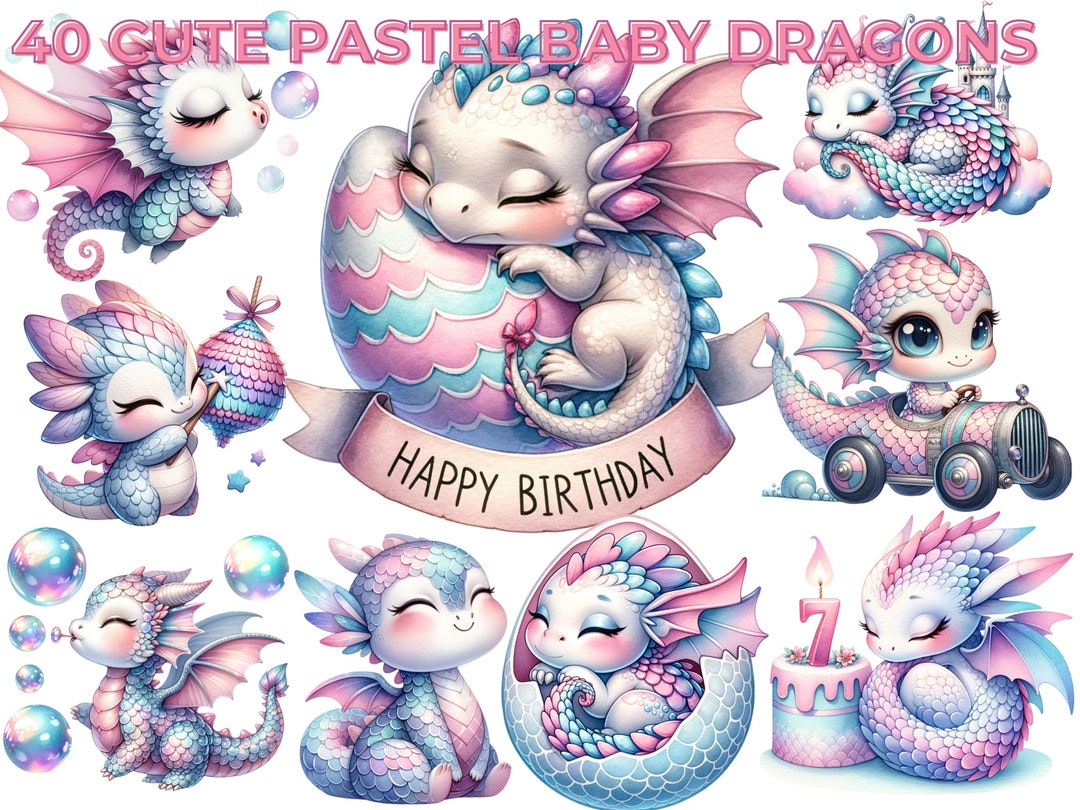 Pastel Baby Dragon Clipart Bundle for Birthday Party - Cute Fantasy ...