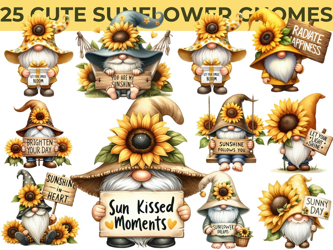 25 Sunflower Gnome PNG Bundle - Charming Gardening Gnomes With Sign ...