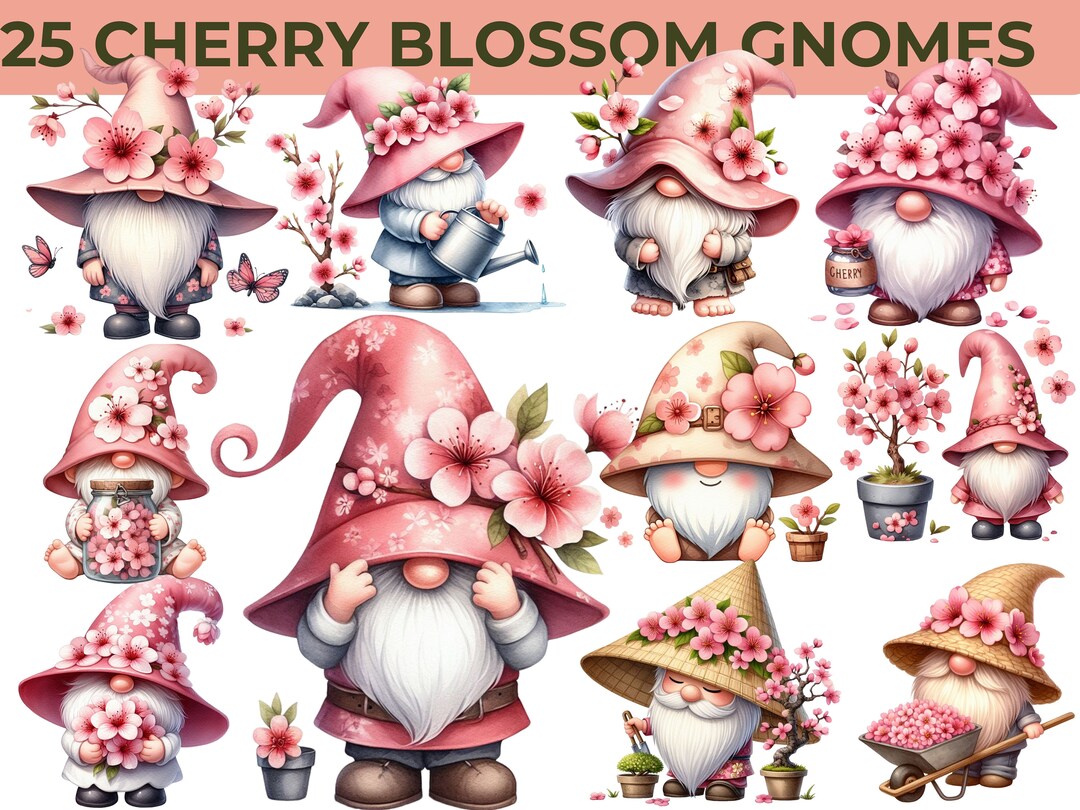 25 Cherry Blossom Gnome Clipart Set - Cute Spring Sakura Gnomes, High ...