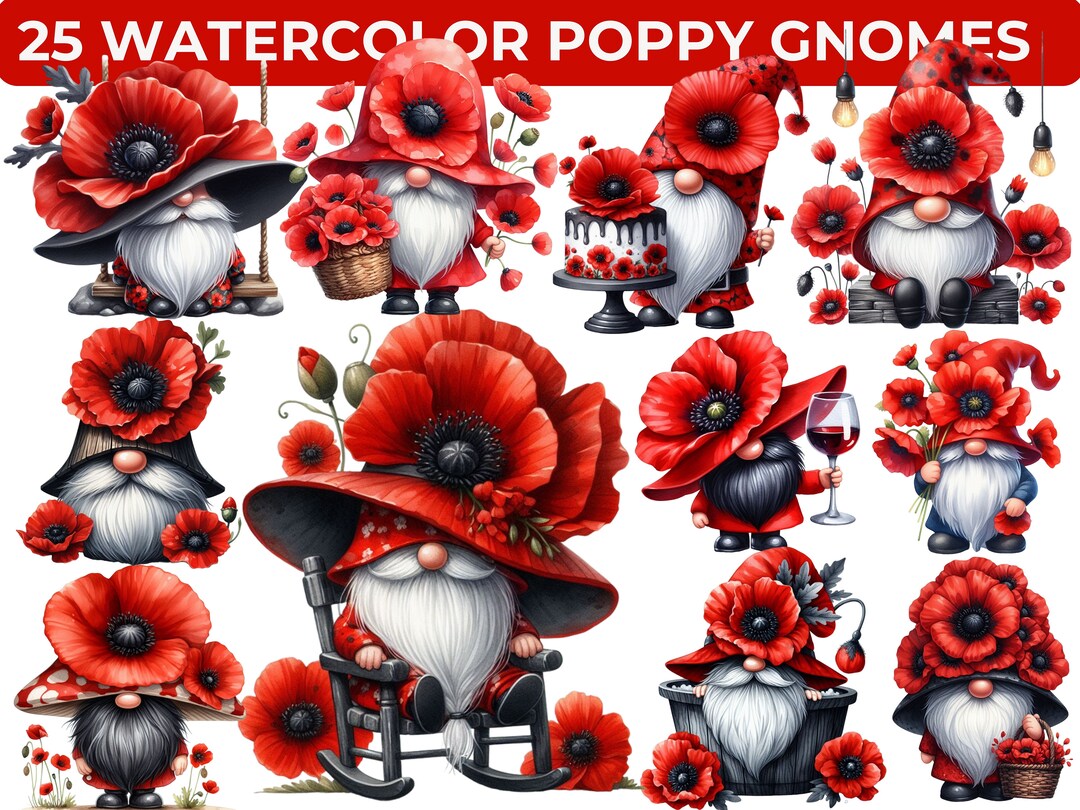 Watercolor Charming Red Poppy Garden Gnome Clipart 25 Watercolor ...