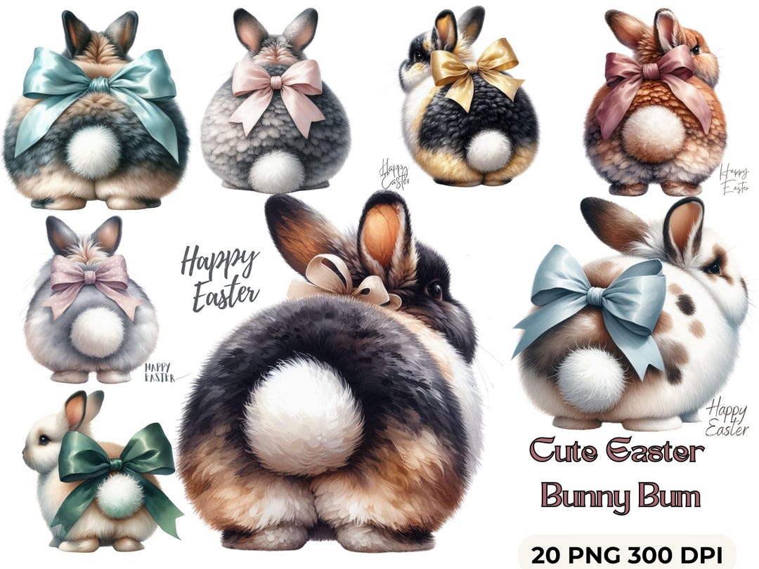 Cute Bunny Bum Clipart Bundle – 20 Easter Bunny Back View Illustrations ...
