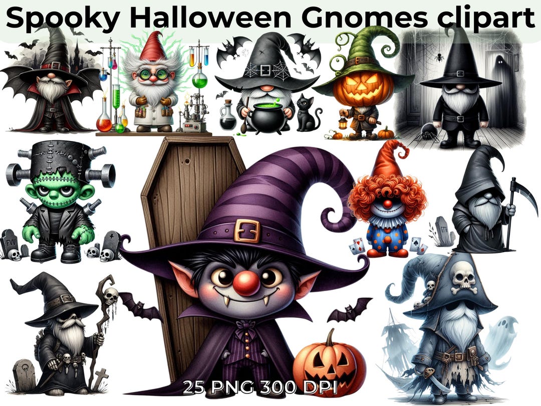 Halloween Gnome Clipart Bundle, 25 PNG Halloween Gnomes Clipart ...