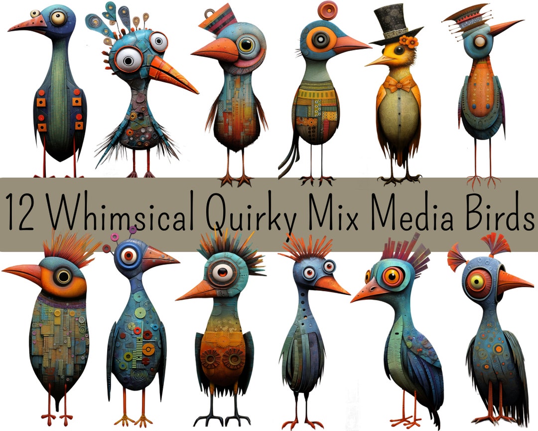 Mixed Media Bird Art Quirky Whimsical Bird Graphics Unique Bird ...