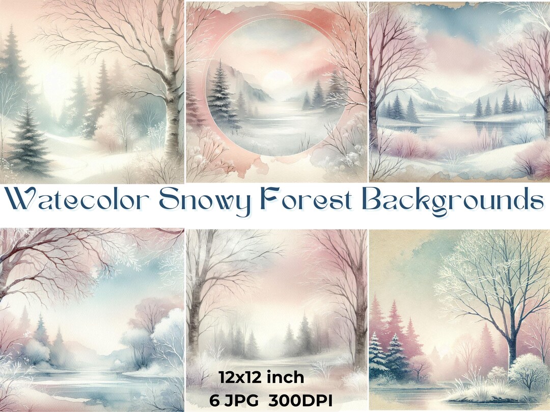 Watercolor Winter Snow Digital Paper Bundle, Snowy Forest Background ...