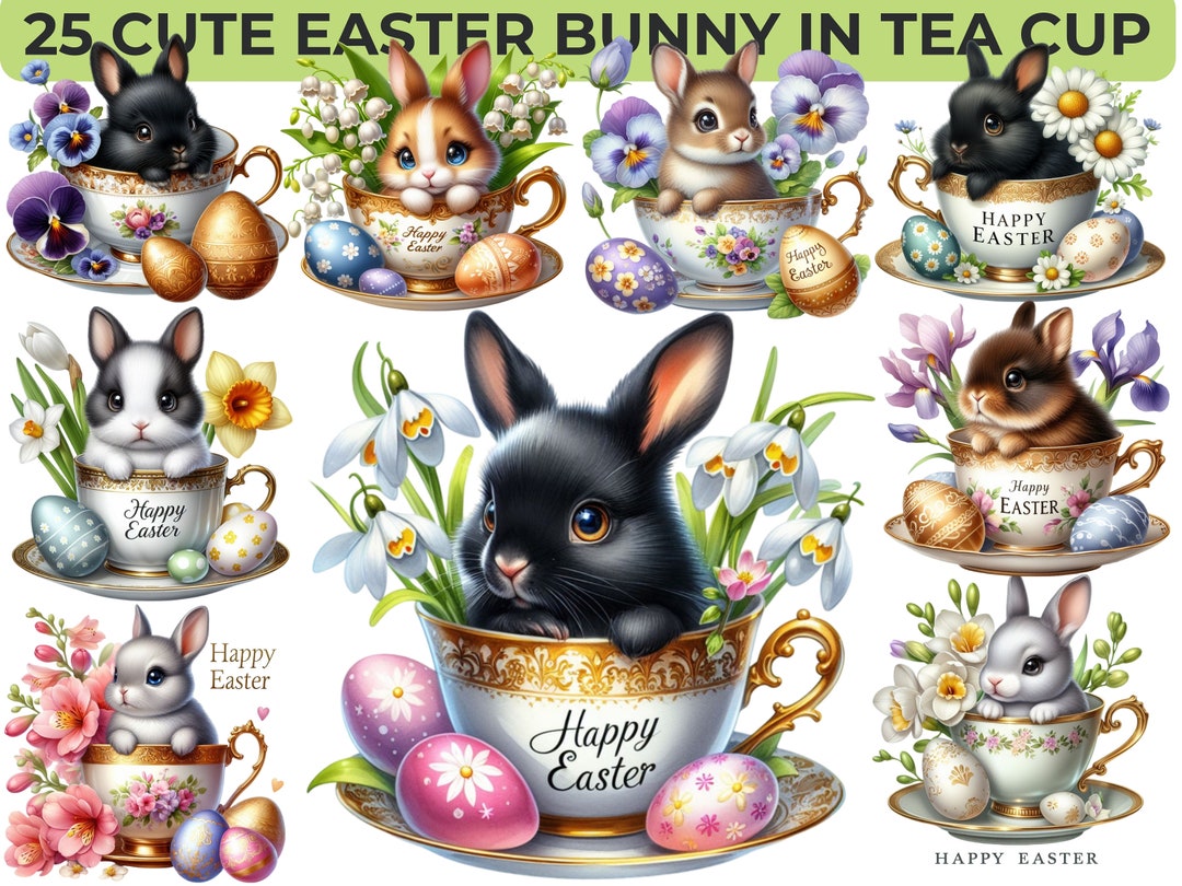 25 Easter Bunny PNG Clipart Bundle | Adorable Bunny in Tea Cup Graphics ...