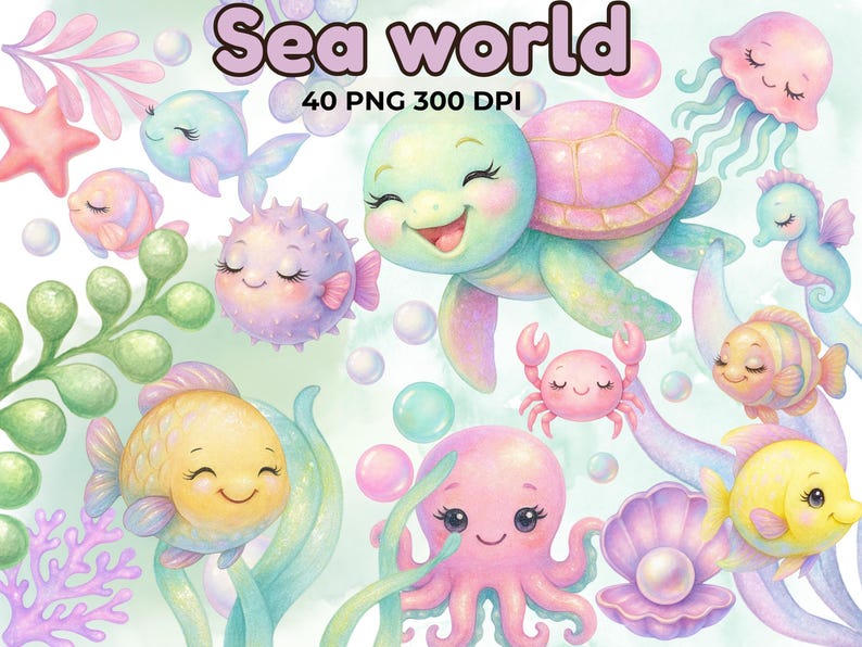 Kawaii Marine Clipart Pack – Pastel Sea Creatures (turtle, Octopus ...
