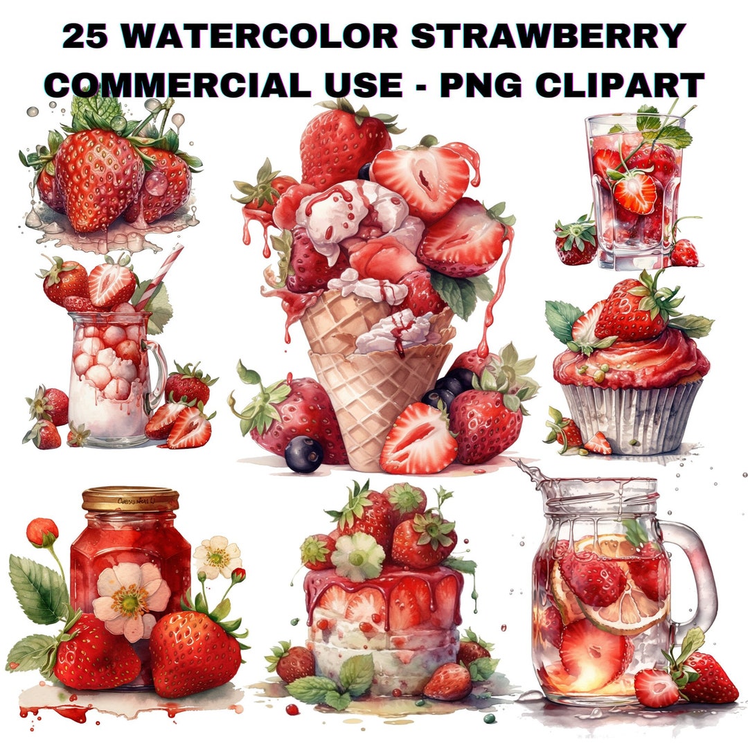 Strawberry Watercolor Clipart, Sweet Strawberries Bundle PNG, Beautiful ...