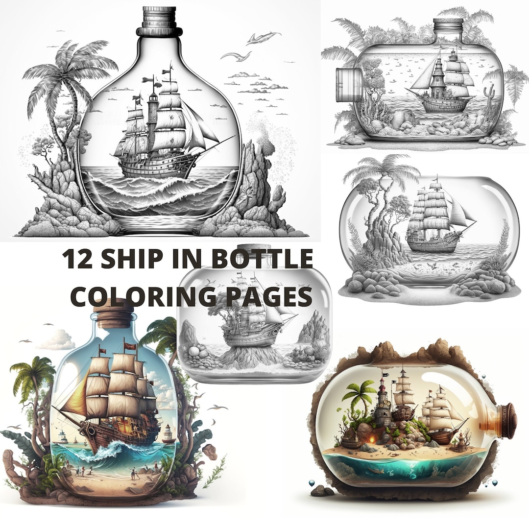 12 Little Cute Pirate Ship Bottle Coloring Book Adults Kids Coloring ...