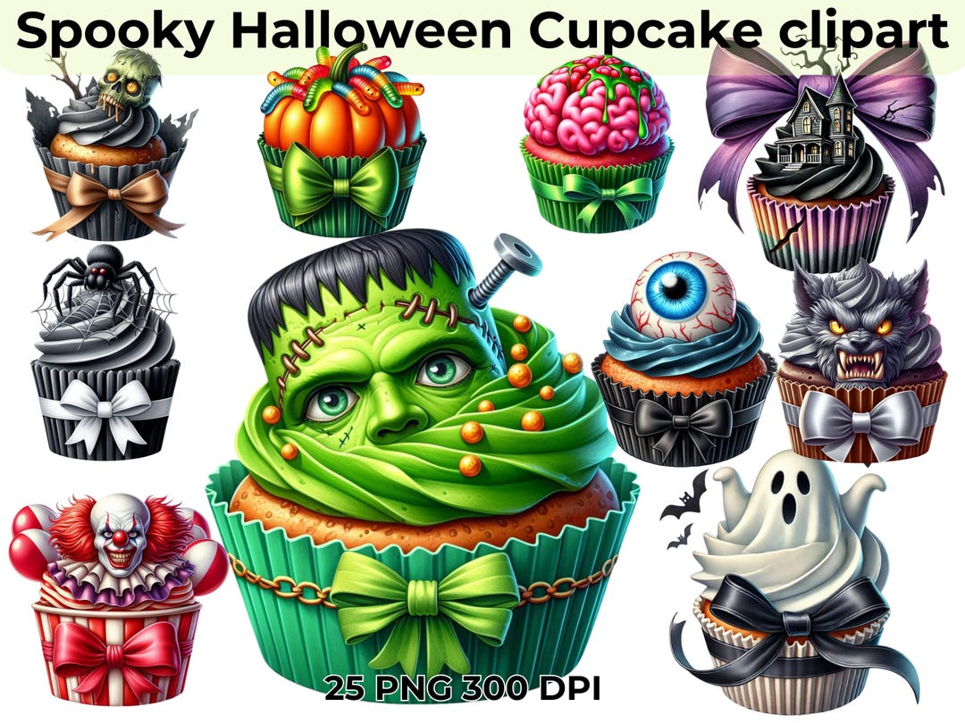 Halloween Cupcakes Watercolor Clipart Bundle, Spooky Dessert Treats PNG ...