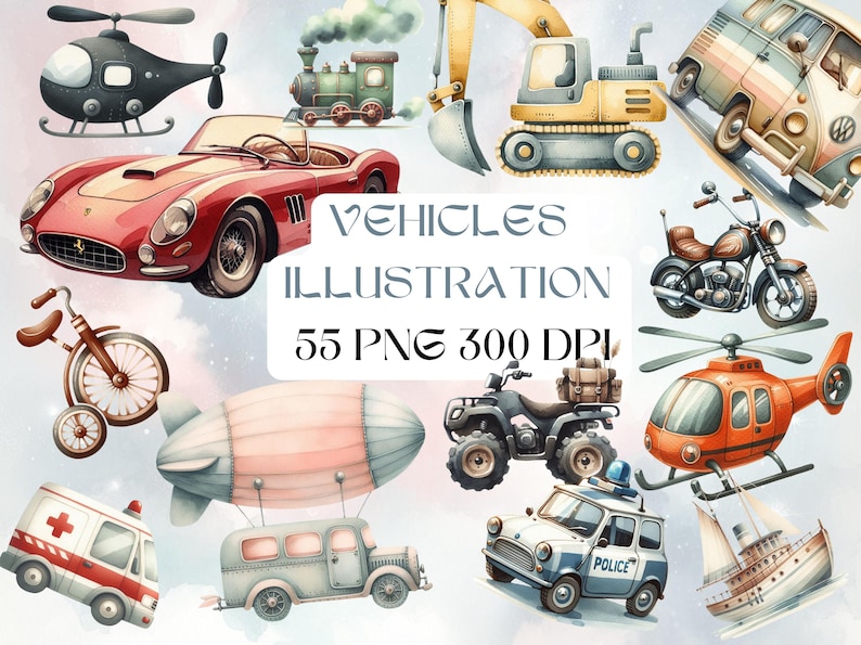 Types of Transport Clipart Bundle | Watercolor Transportation | 55 ...