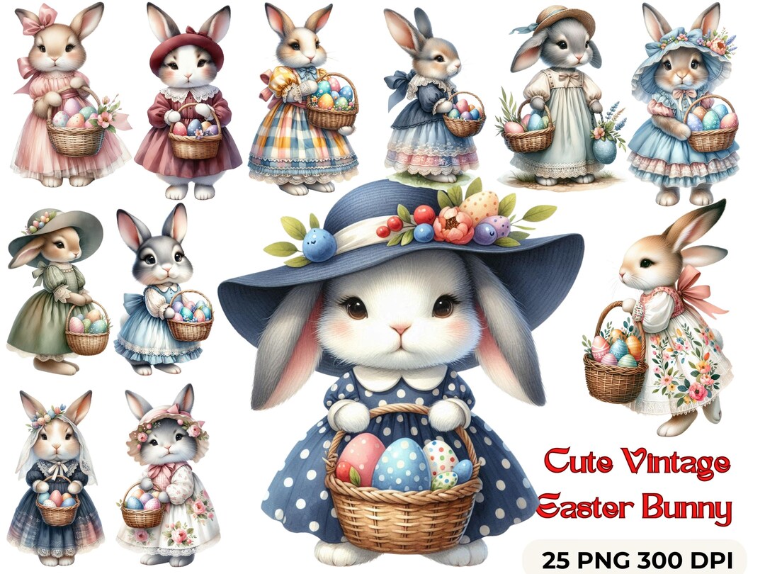 Quirky Female Easter Bunny Clipart 25 Pastel Watercolor Vintage Easter ...