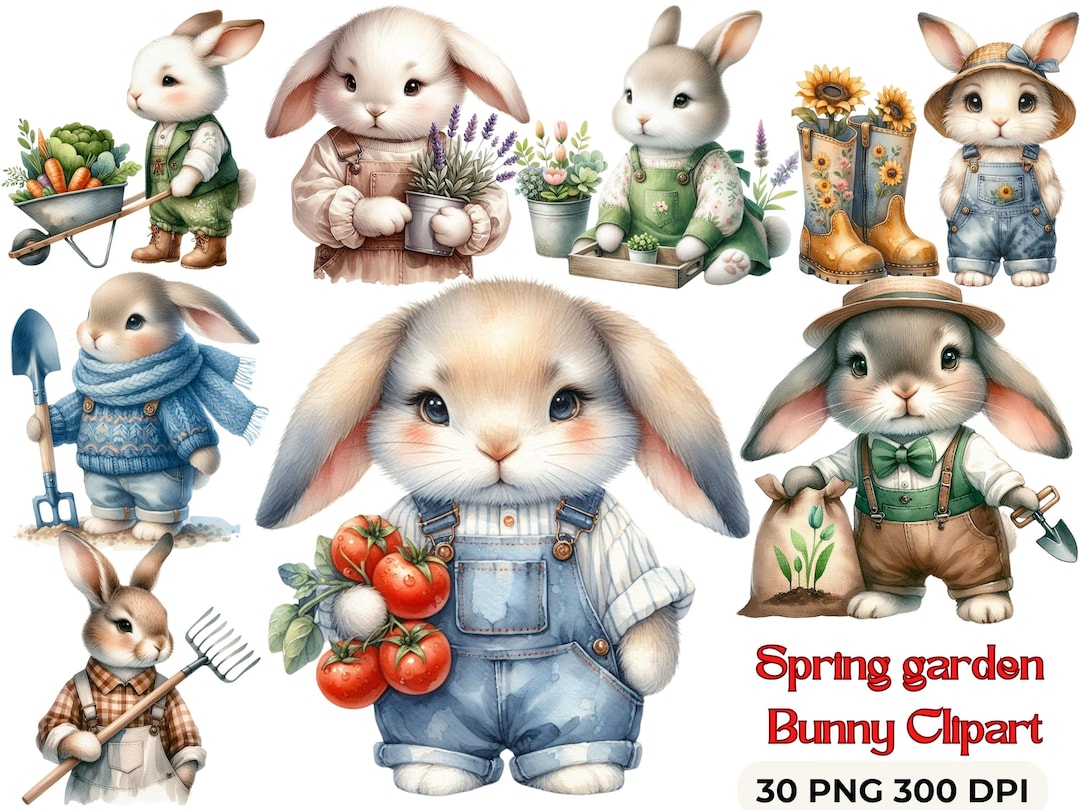 Spring Garden Bunny Clipart 30 Watercolor Spring Rabbit Clip Art ...