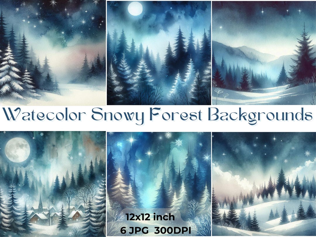 Watercolor Winter Snow Digital Paper Bundle, Snowy Forest Background ...