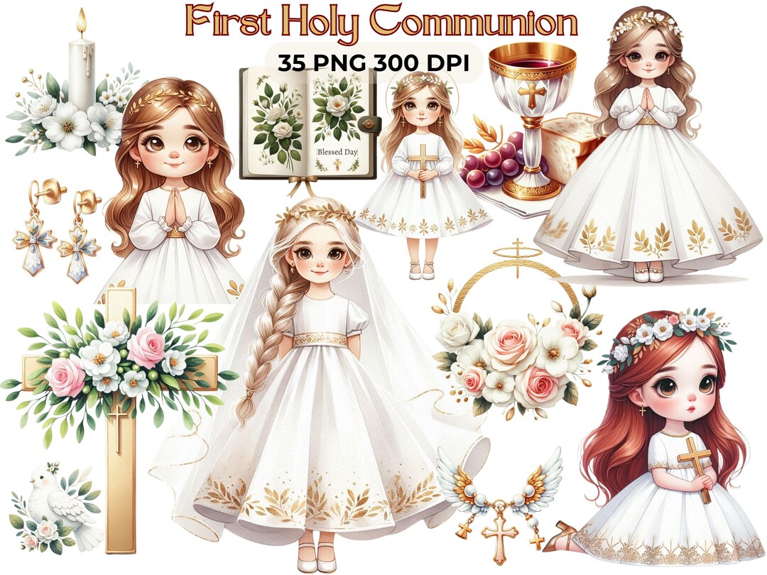 First Communion Clipart Set – 35 PNG Religious Elements | Praying Girls ...