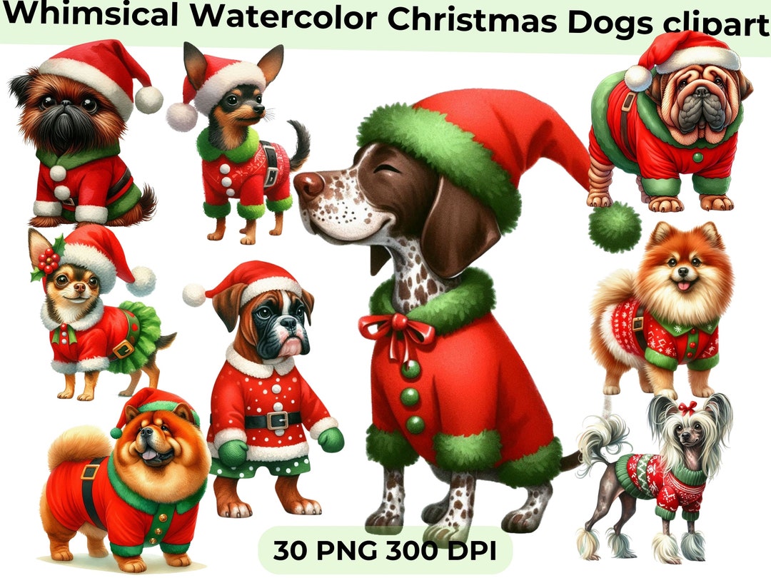 Watercolor Christmas Dogs Clipart Bundle – 30 Dog Breeds in Ugly ...