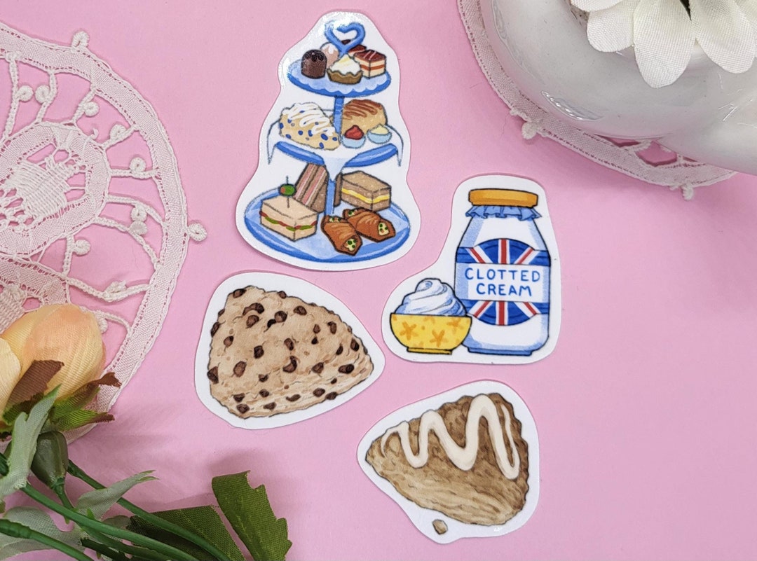 Hand Drawn Afternoon Tea Laminated Sticker Set, Clotted Cream, Two ...