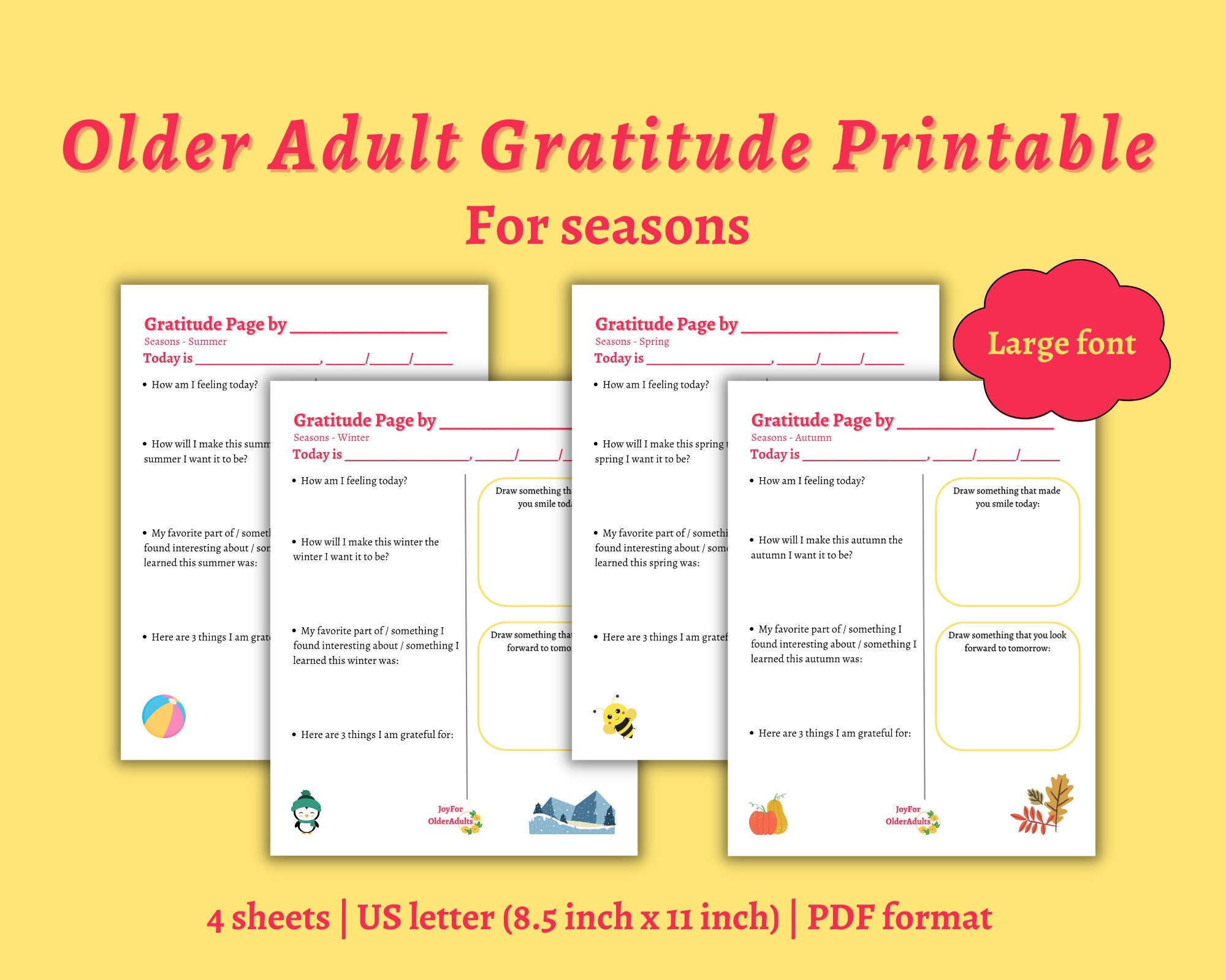 Seasons Gratitude Sheet, Fun Activity for Older Adults, Reflection ...