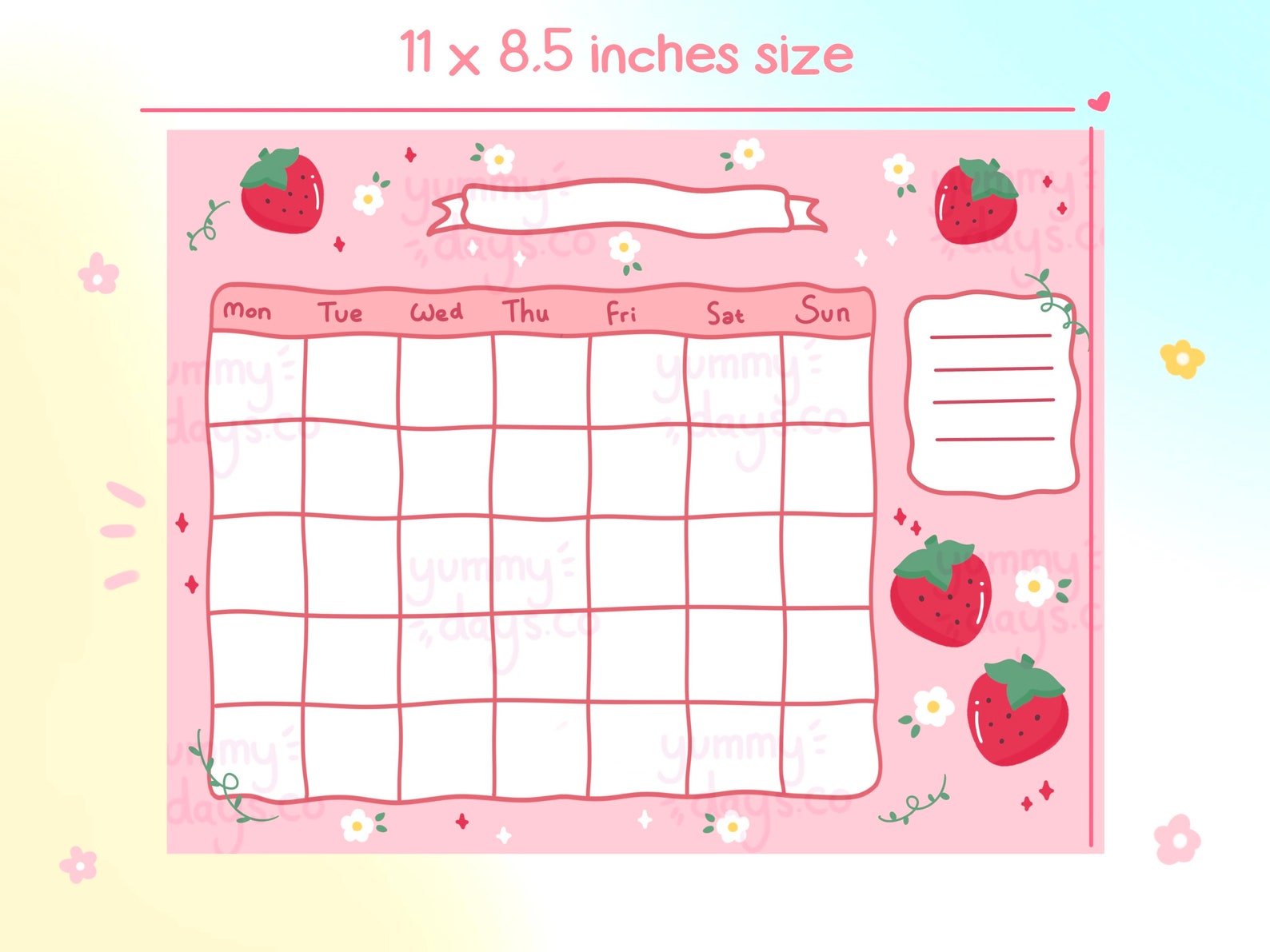 Cute Strawberry Calendar Printable Open Calendar Cute - Etsy