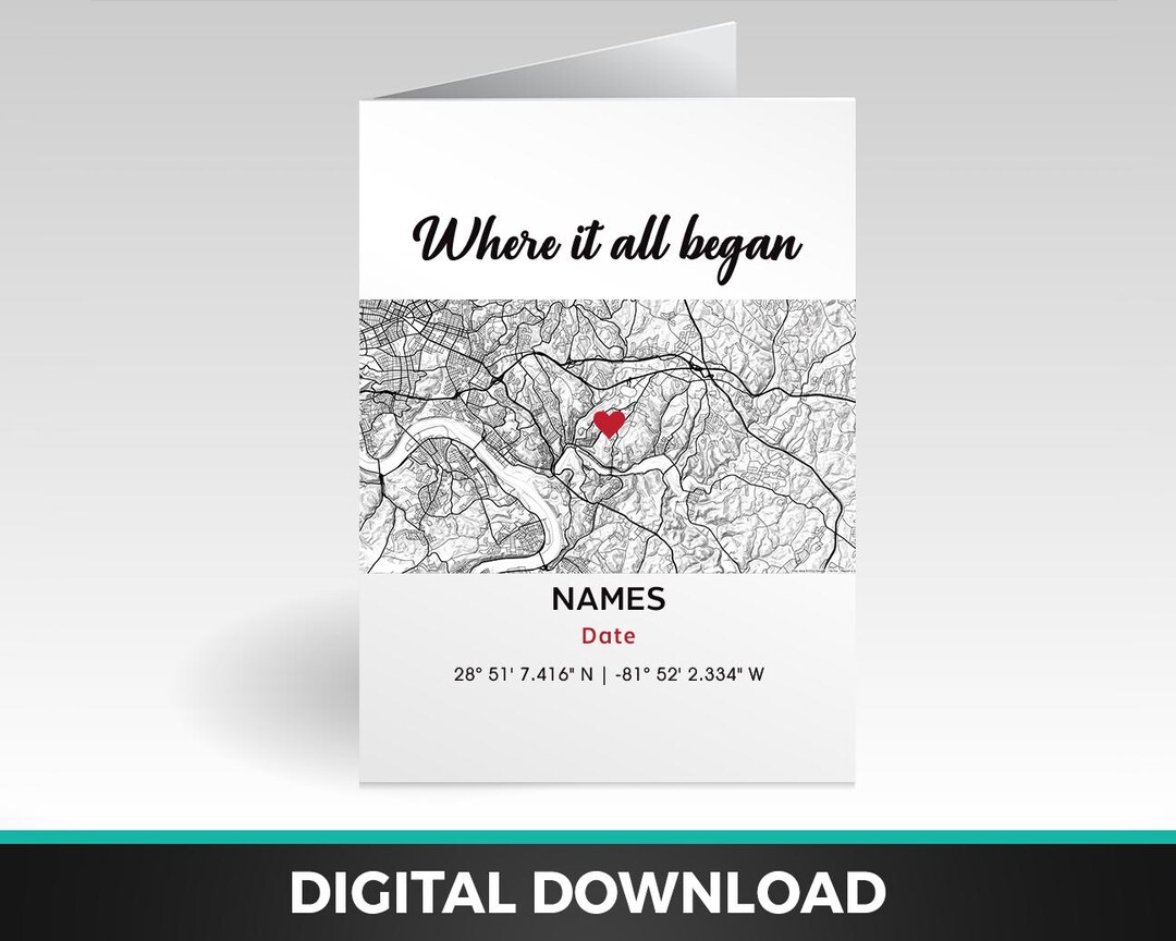 Custom Map Anniversary Card | Personalized Location Gift (digital ...