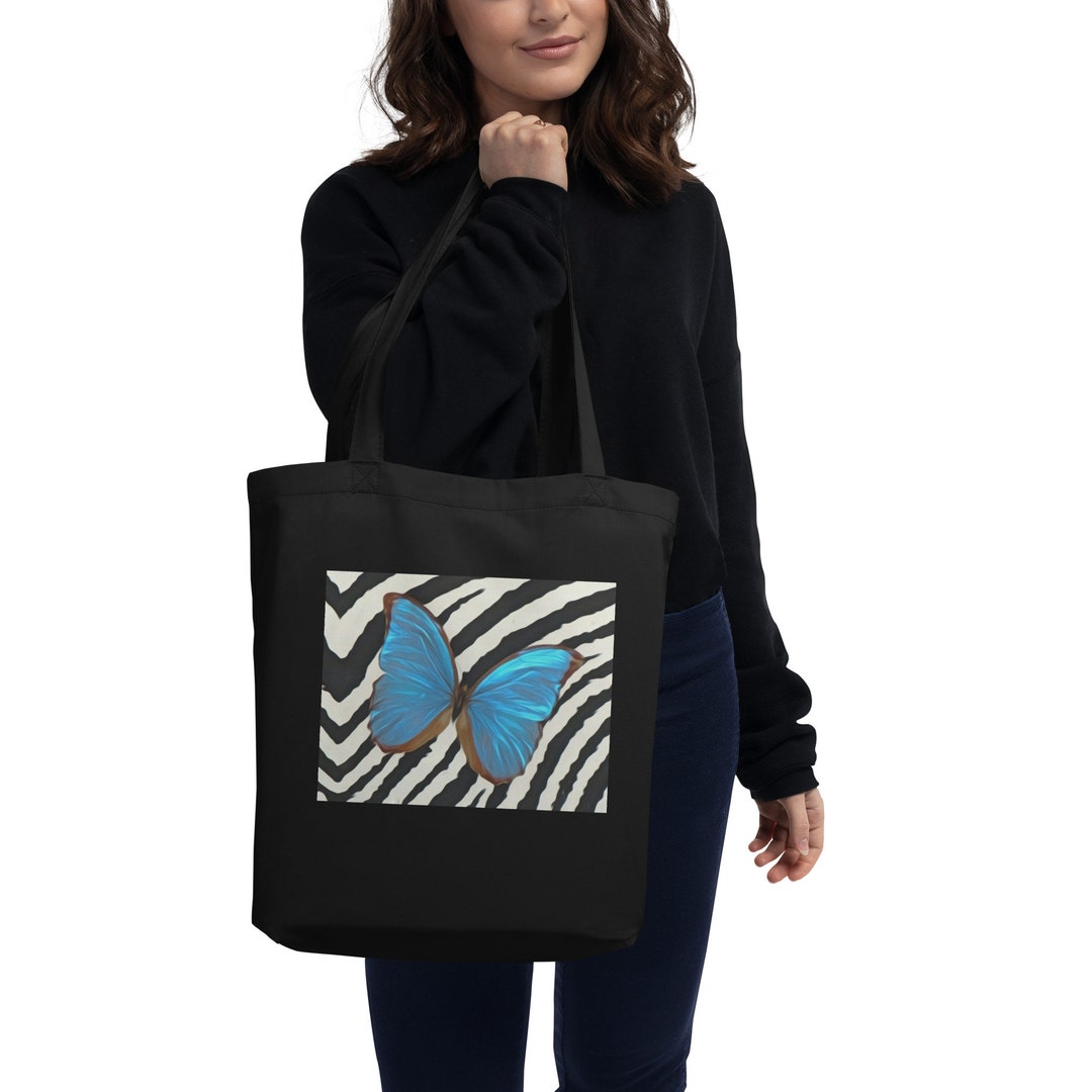 Blue Butterfly Tote Bag Zebra Animal Print Blue Morpho 100% Organic ...