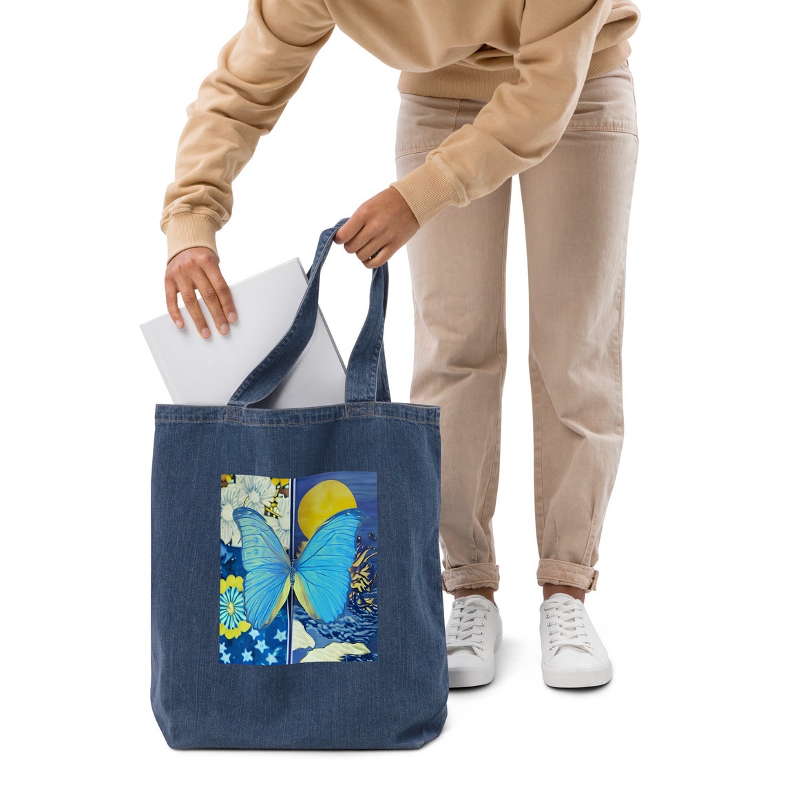 Butterfly Denim Tote Bag Yellow Blue Morpho Butterfly ...