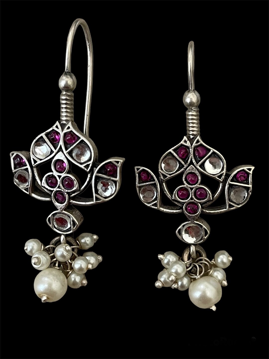 925 Sterling Silver Jadau Dangler Hook Earrings With Pearls Color ...