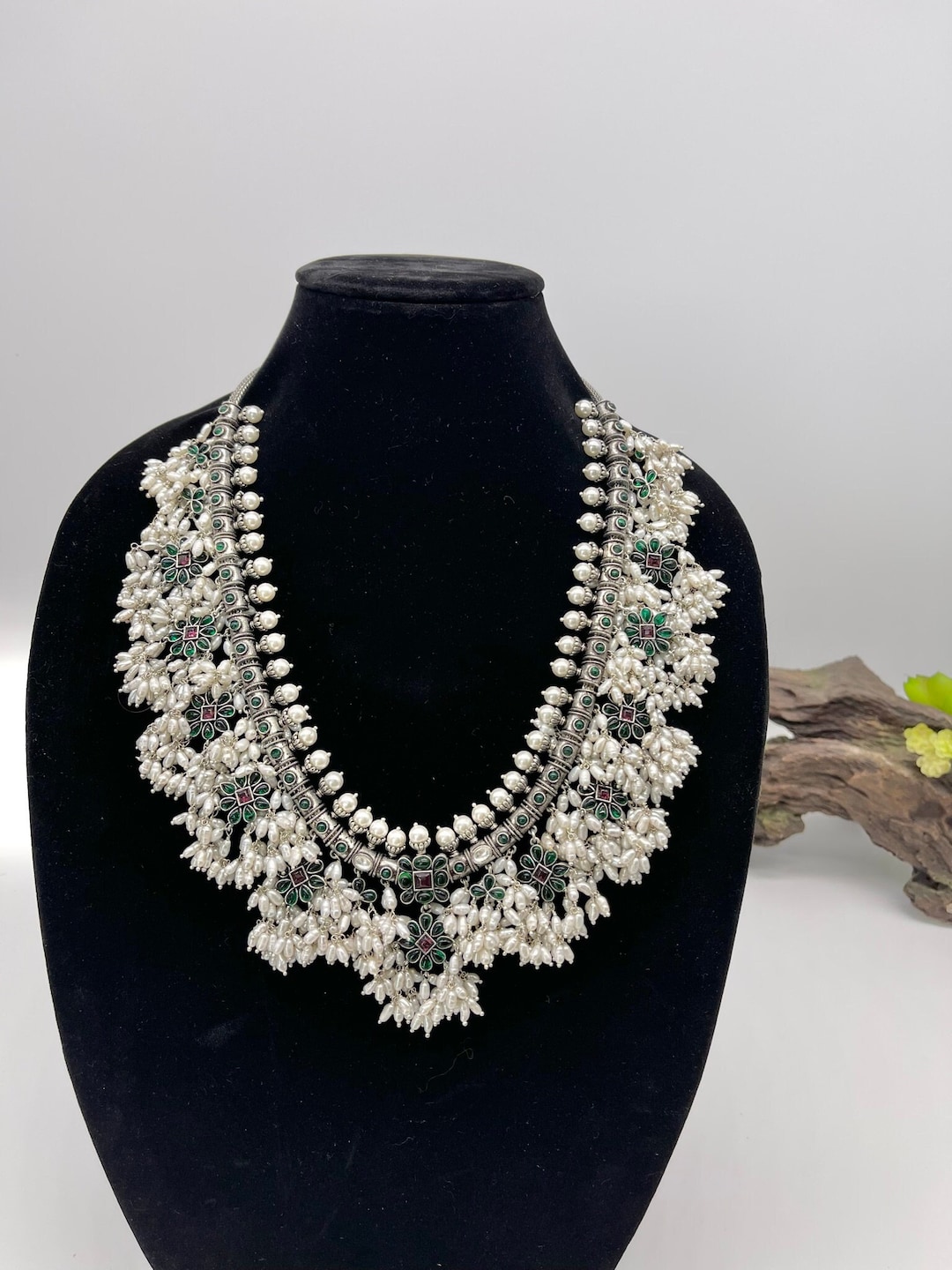 925 Sterling Silver Ruby Emerald Pota Necklace With Freshwater Pearls ...