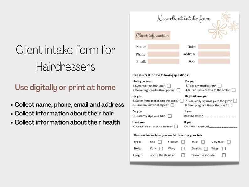 New Client Intake Form for Hairdressers, Hairdresser Consultation Form ...
