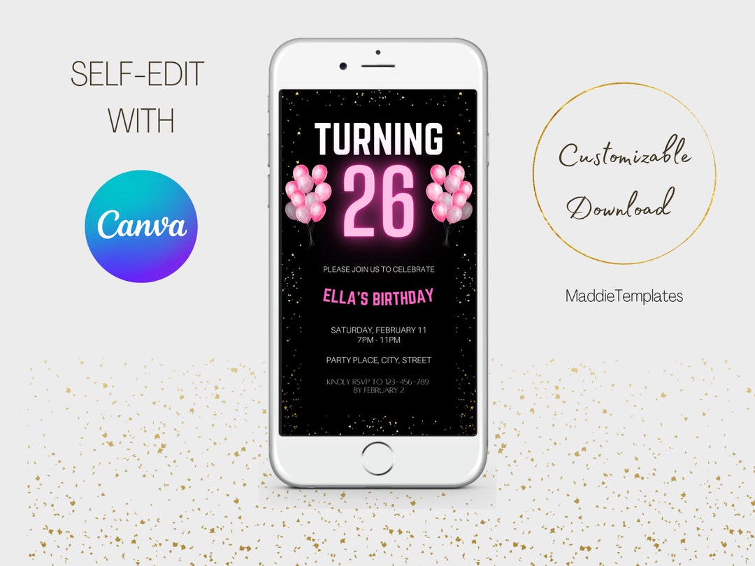 26th Birthday Digital Invitation, Pink Neon Birthday Template, Editable ...