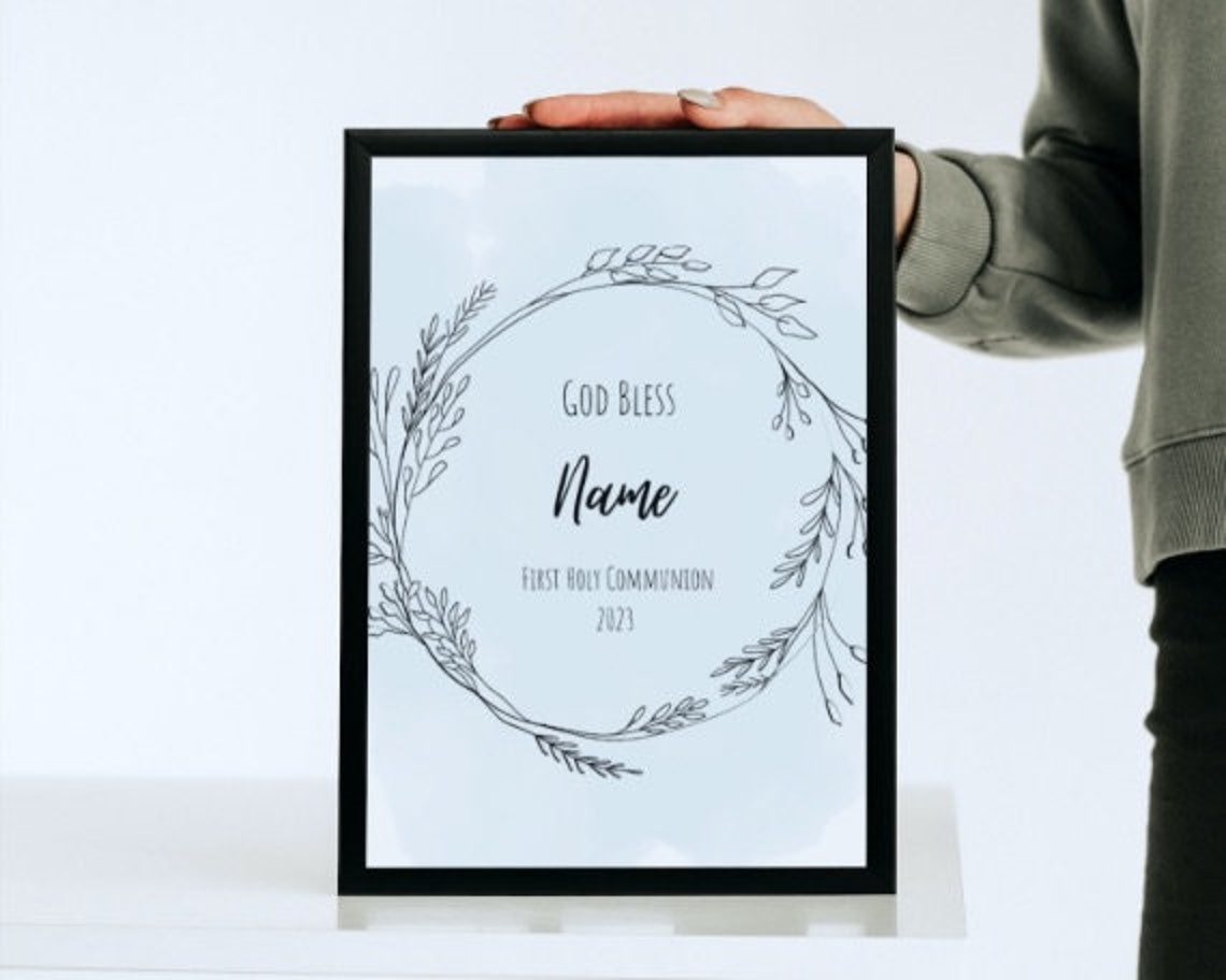 Personalized First Communion Print, Wreath, Blue - Etsy
