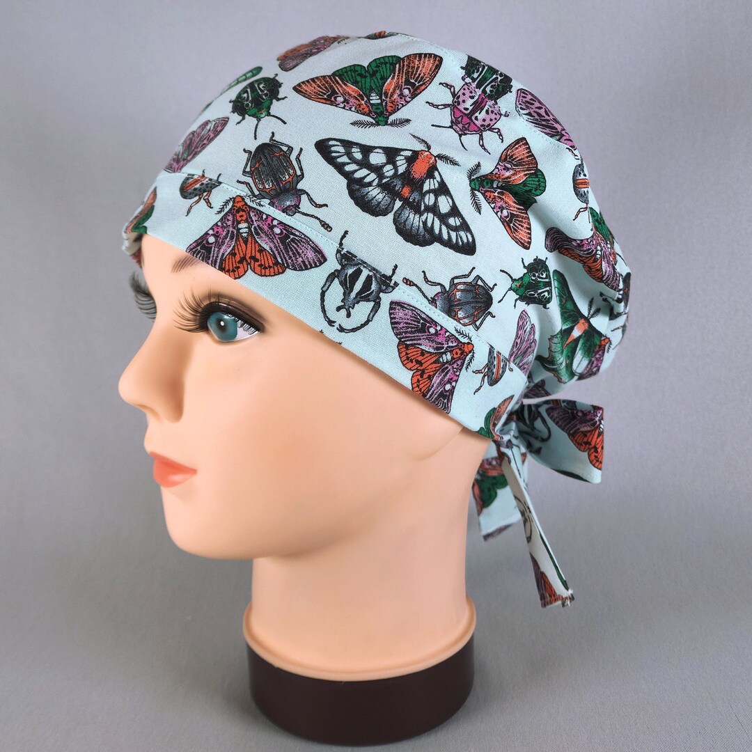 Pixie Scrub Cap for Women, Insects on Blue Surgical Hat With Hair Pouch ...