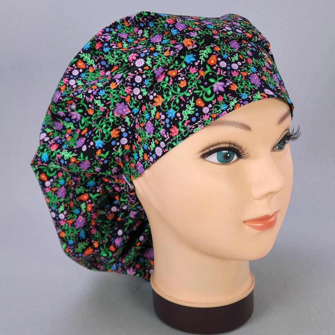 Midnight Floral Bouffant Scrub Cap: Adjustable Cotton Surgical Hat ...