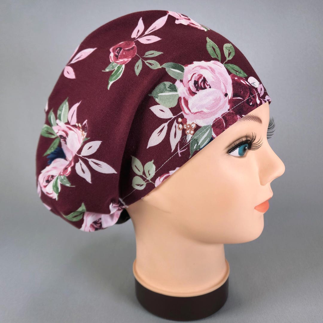 Maroon Floral Euro Scrub Cap for Women, Pink Rose Flower Surgical Hat ...