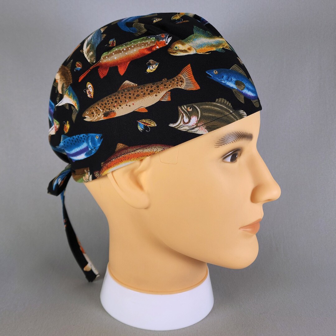 Scrub Cap for Men, Fish on Black Surgical Hat, Fishing Nautical Tie ...
