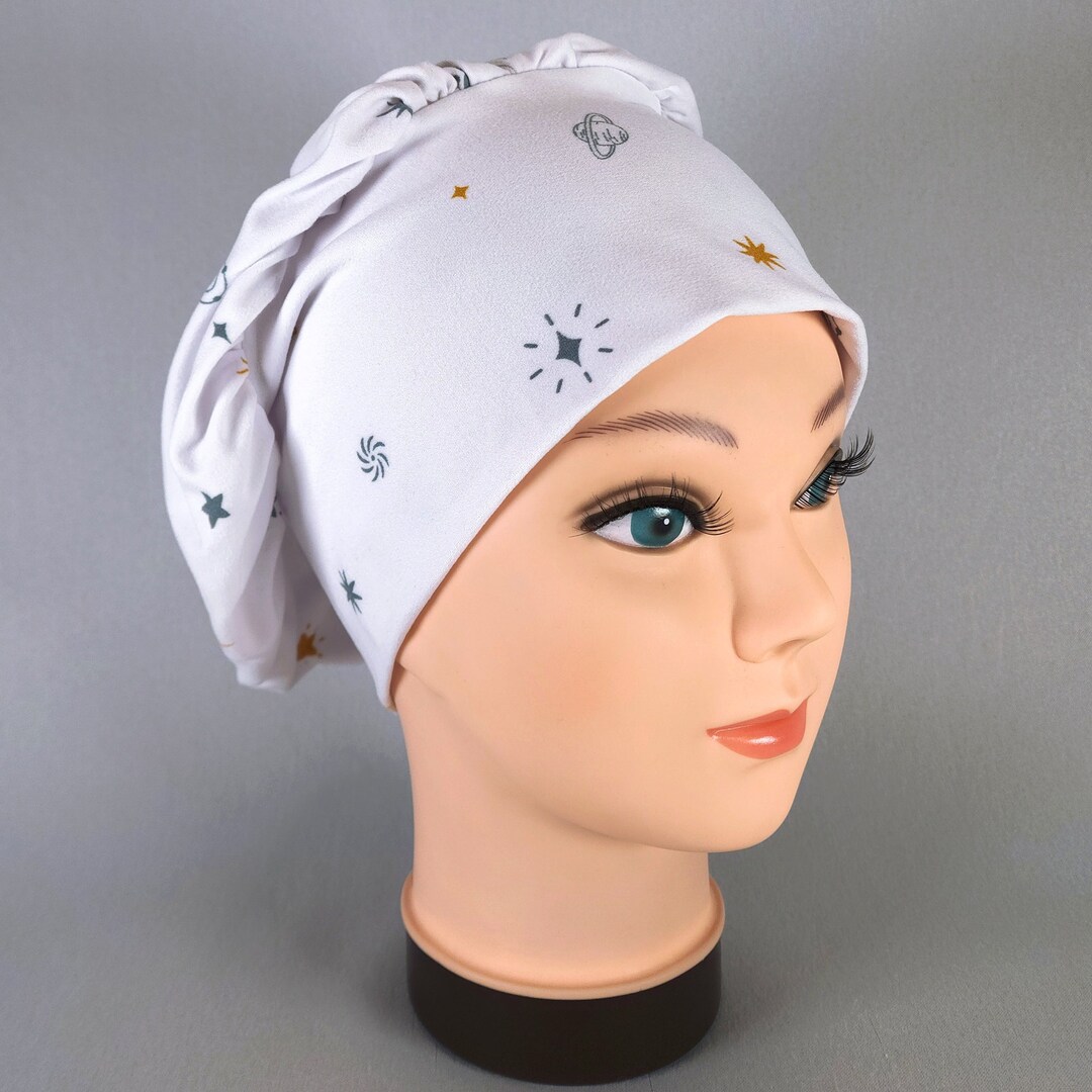 Stretchy Scrub Cap for Women, Planets and Stars on White Surgical Hat ...