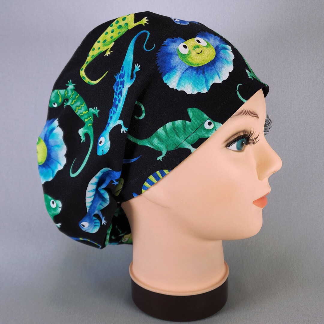 Happy Lizards Euro Scrub Cap for Women Cute Smiling Reptiles Veterinary ...