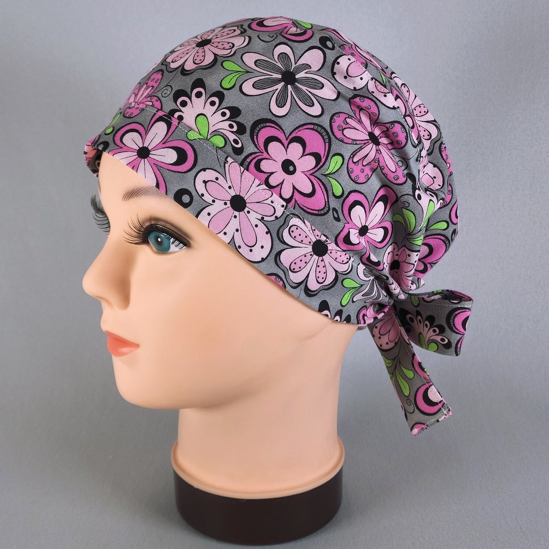 Pixie Scrub Cap for Women, Pink and Gray Floral Surgical Hat With Hair ...