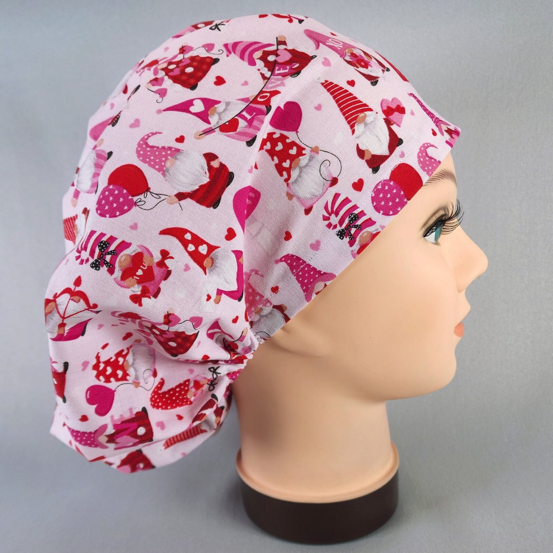 Valentines Day Euro Scrub Cap, Women's Pink Gnomes Surgical Hat With ...