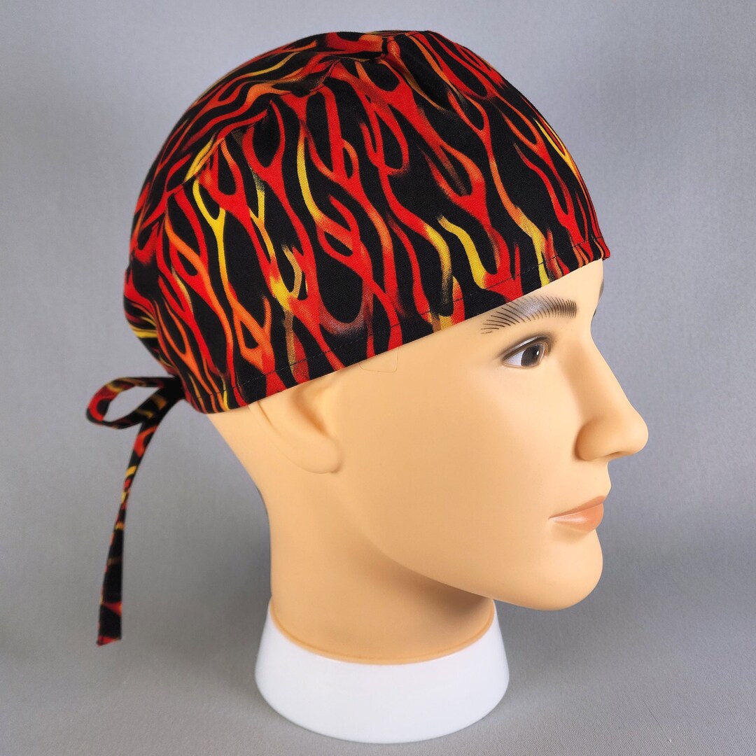 Scrub Cap for Men, Flames on Black Surgical Hat, Tie Back Unisex ...