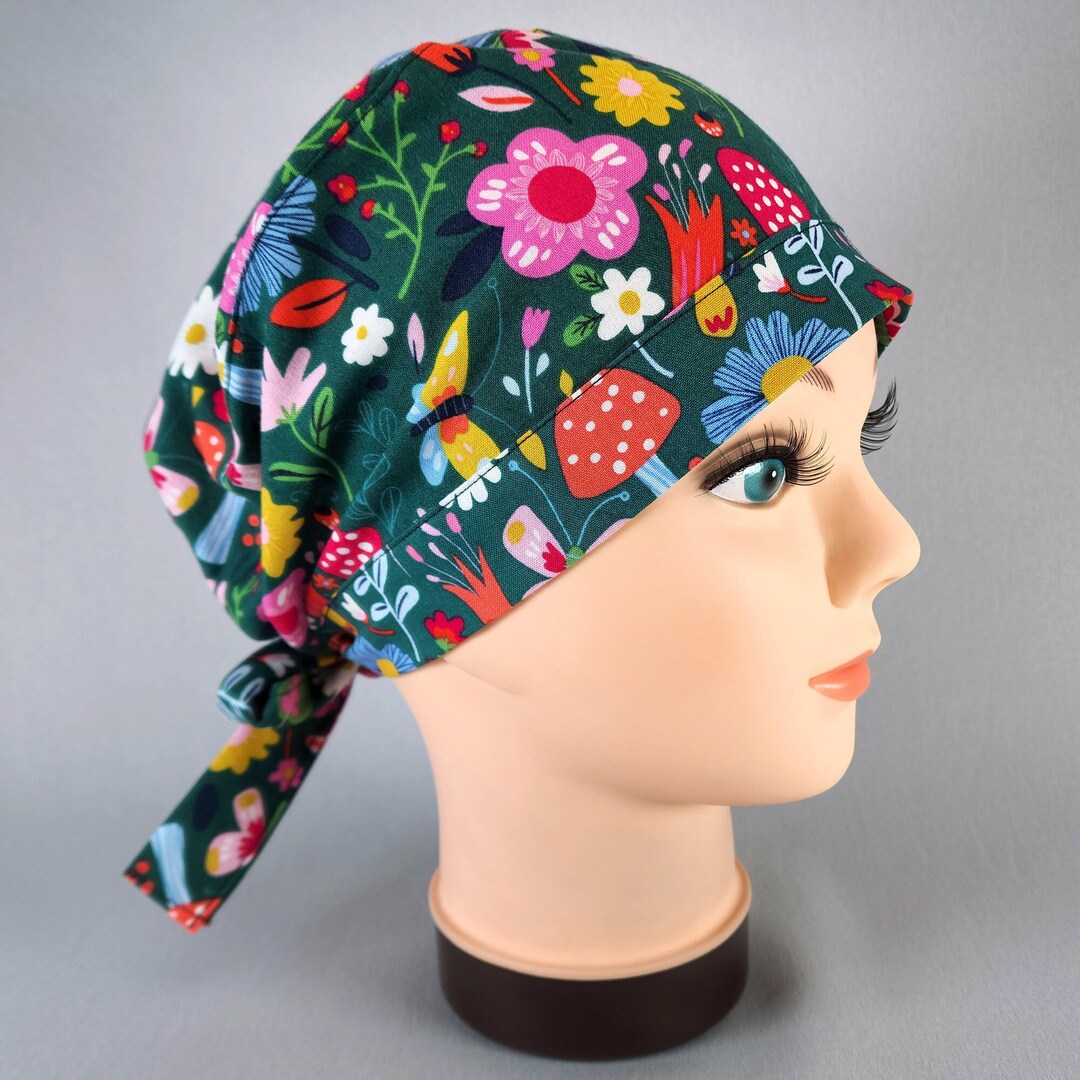 Floral Mushroom Forest Women's Pixie Scrub Cap, Surgical Hat With Hair Pouch, Hunter Green ...