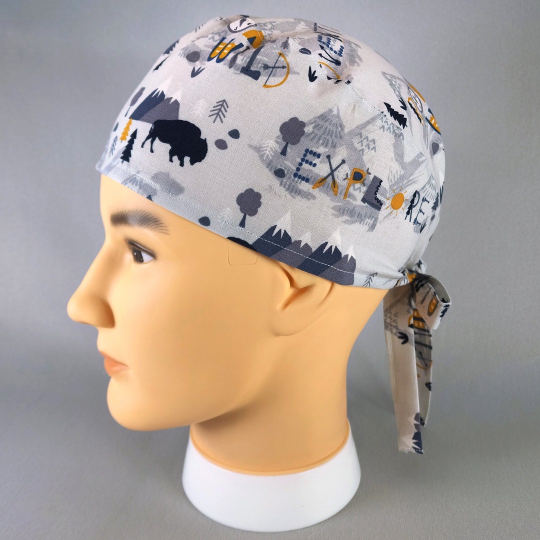 Scrub Cap for Men, Roam Wild Surgical Hat, Outdoor Adventure Tie Back ...