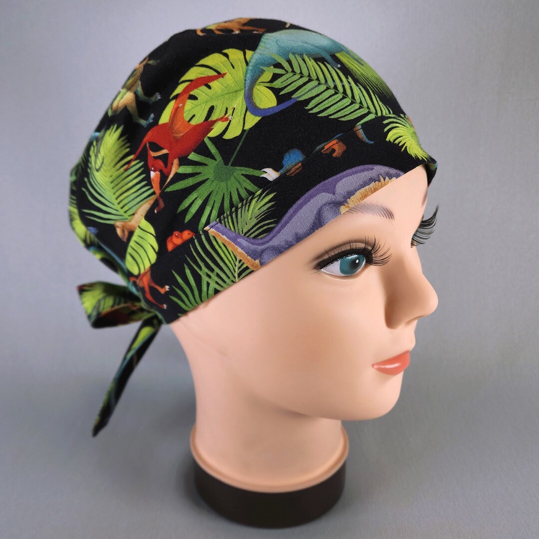 Dinosaur Pixie Scrub Cap Prehistoric Plants Monstera Surgical Hats With ...