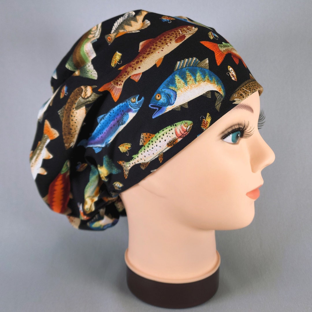 Euro Scrub Cap for Women, Fish on Black Surgical Hat, Ocean Beach ...