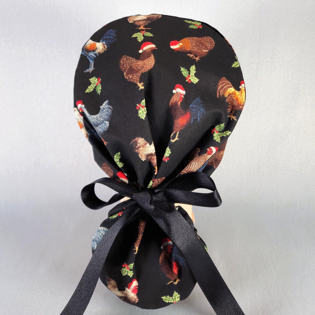 Christmas Roosters on Black Ponytail Scrub Cap for Women Ribbon Ties ...