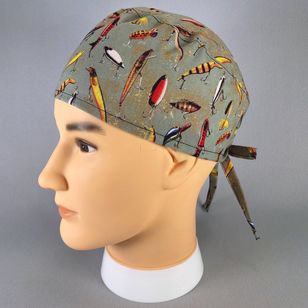 Scrub Cap for Men, Fishing Lures Surgical Hat, Fish Nautical Tie Back ...