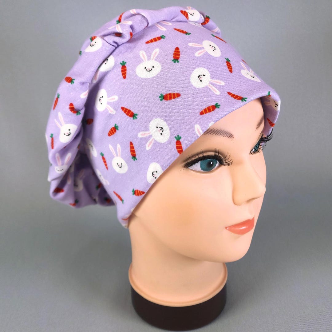 Easter Bunny Scrub Cap: Stretchy Surgical Hat, Purple Carrots, Soft ...
