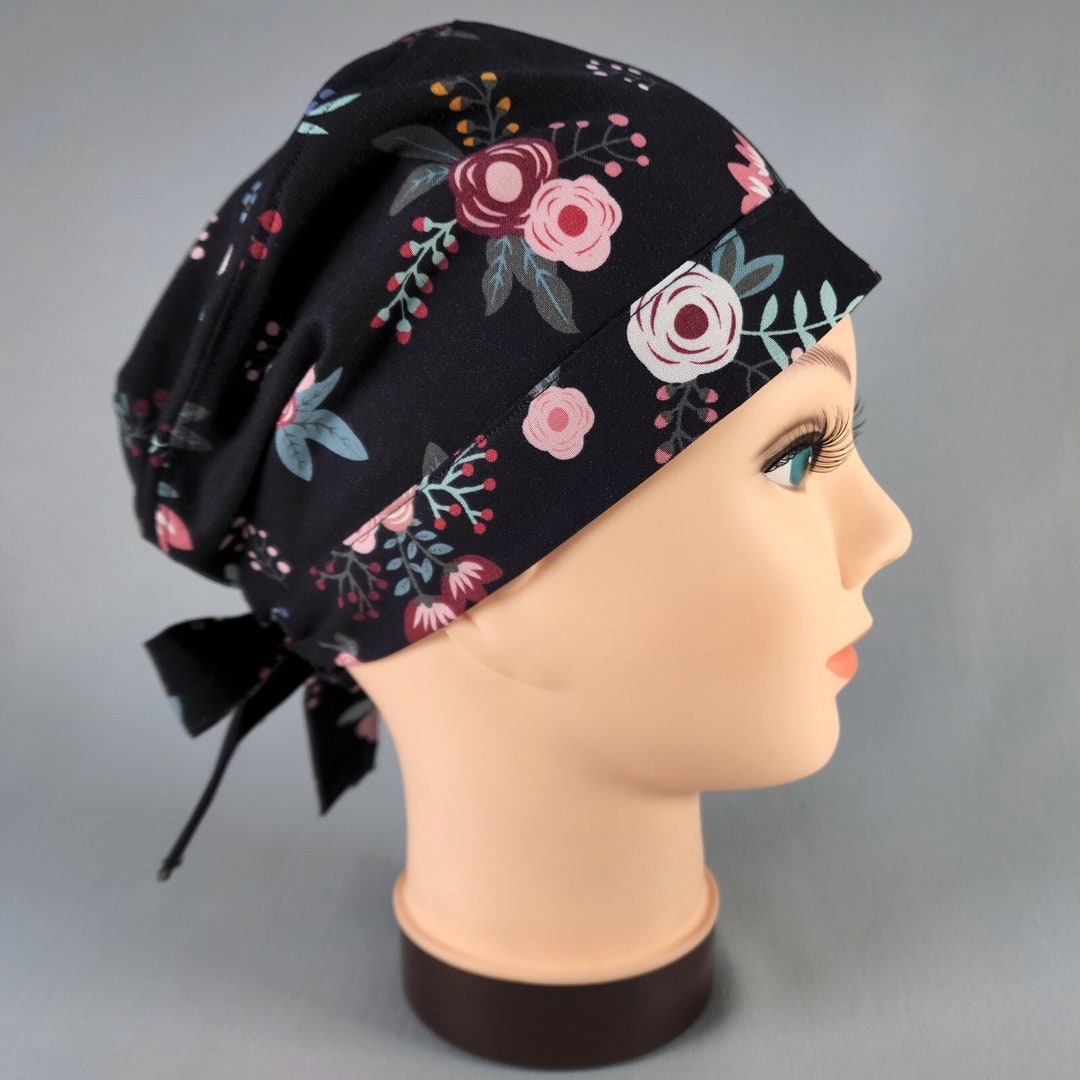 Pixie Scrub Cap for Women, Rose Mauve Floral on Black Surgical Hat With ...