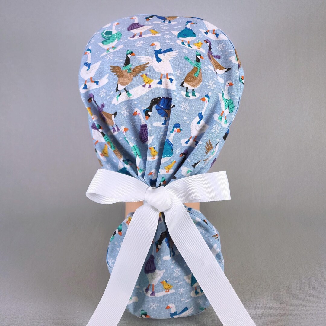 Ice Skating Geese Ponytail Scrub Cap for Women: Ribbon Ties, Satin ...