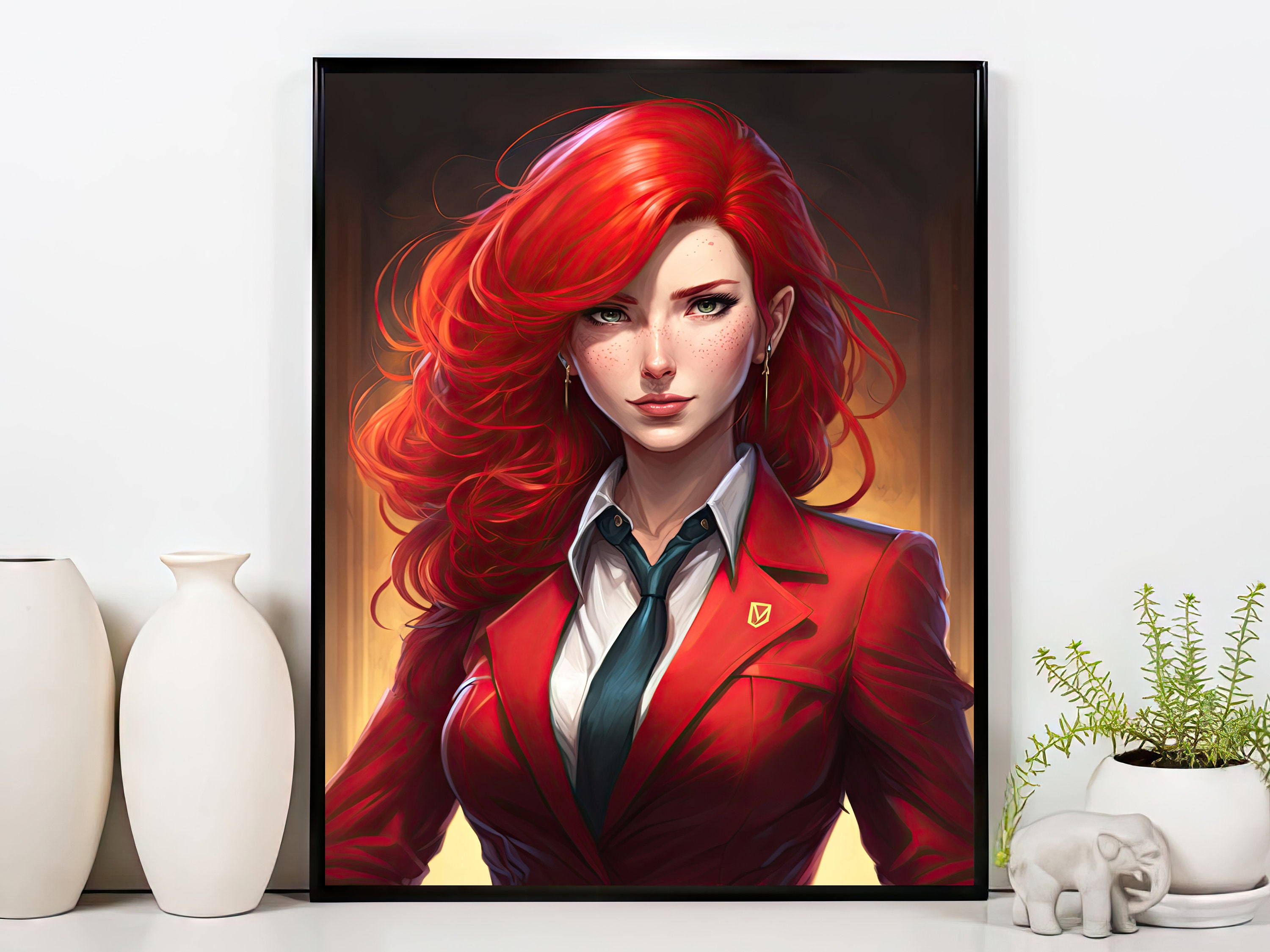 Anime Style Portrait Girl in Red, Beautiful Women Poster Art, AI ...